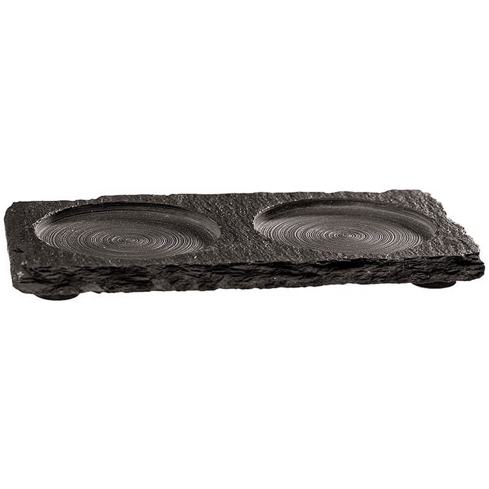 APS Black, Natural Slate Tray W/ Two 2-3/8" Wells, L 5-7/8" X W 3-1/4 ...